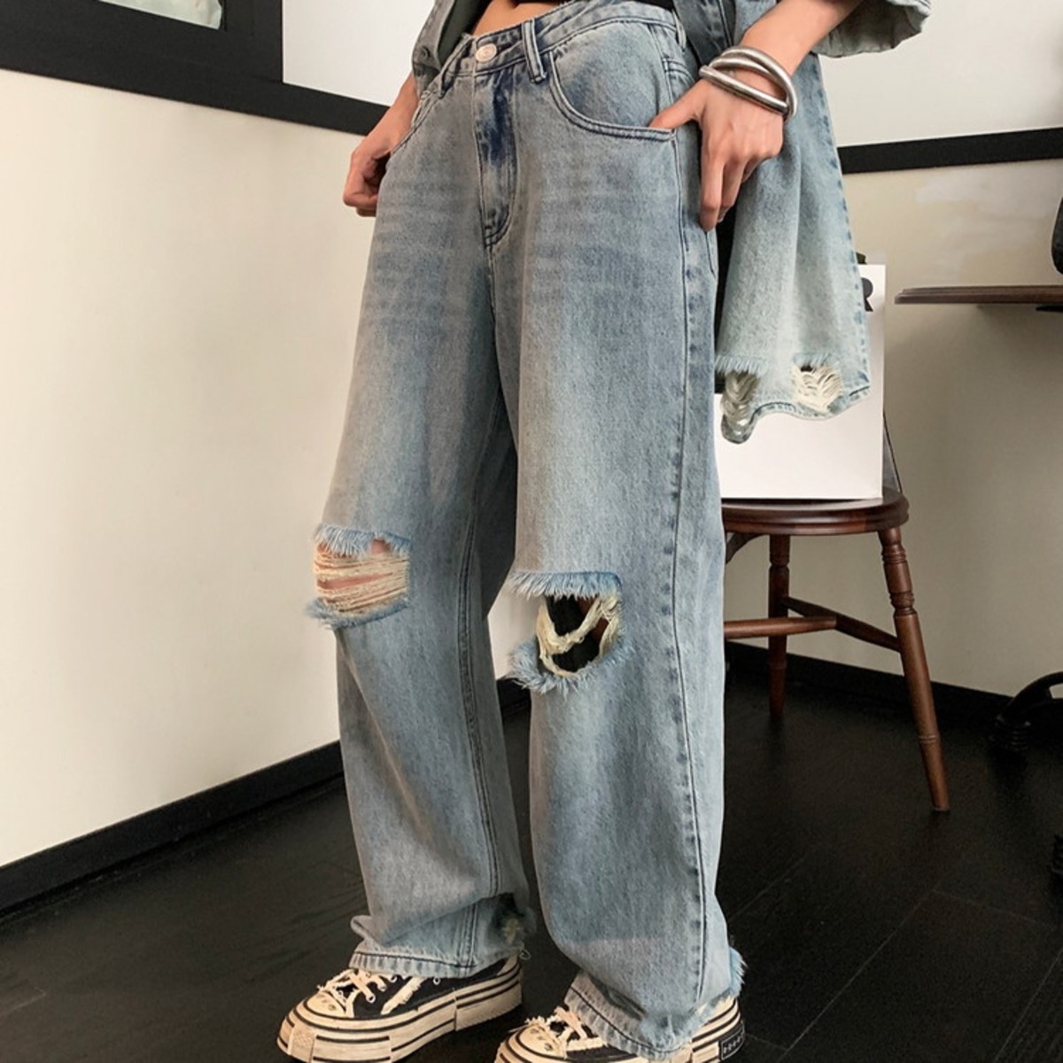 ダメージワイドデニムパンツ [am02327] | amgot