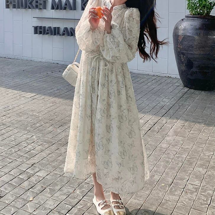 レディース ワンピース 長袖 ランタンスリーブ ロング丈 バタフライ 蝶