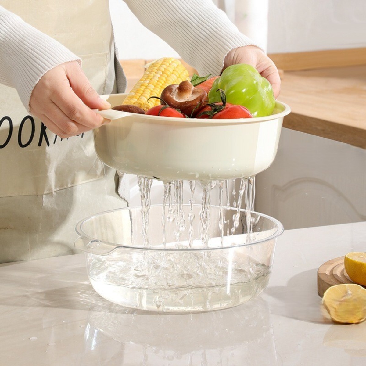 水切りバスケット 水切りかご Lサイズ 野菜 果物 家庭用 透明 野菜洗いかご キッチン水切りかご 二層 フルーツ洗い桶 フィルターバスケット | kitchengoods