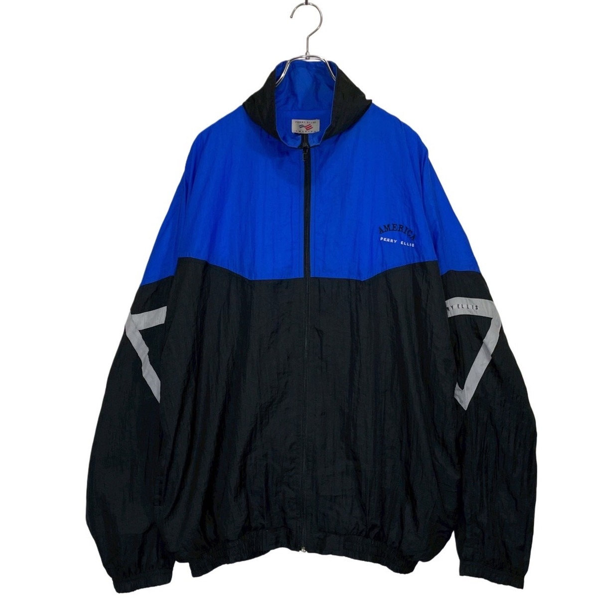90s PERRY ELLIS black/blue nylon grey lined design hi neck zip up track ...