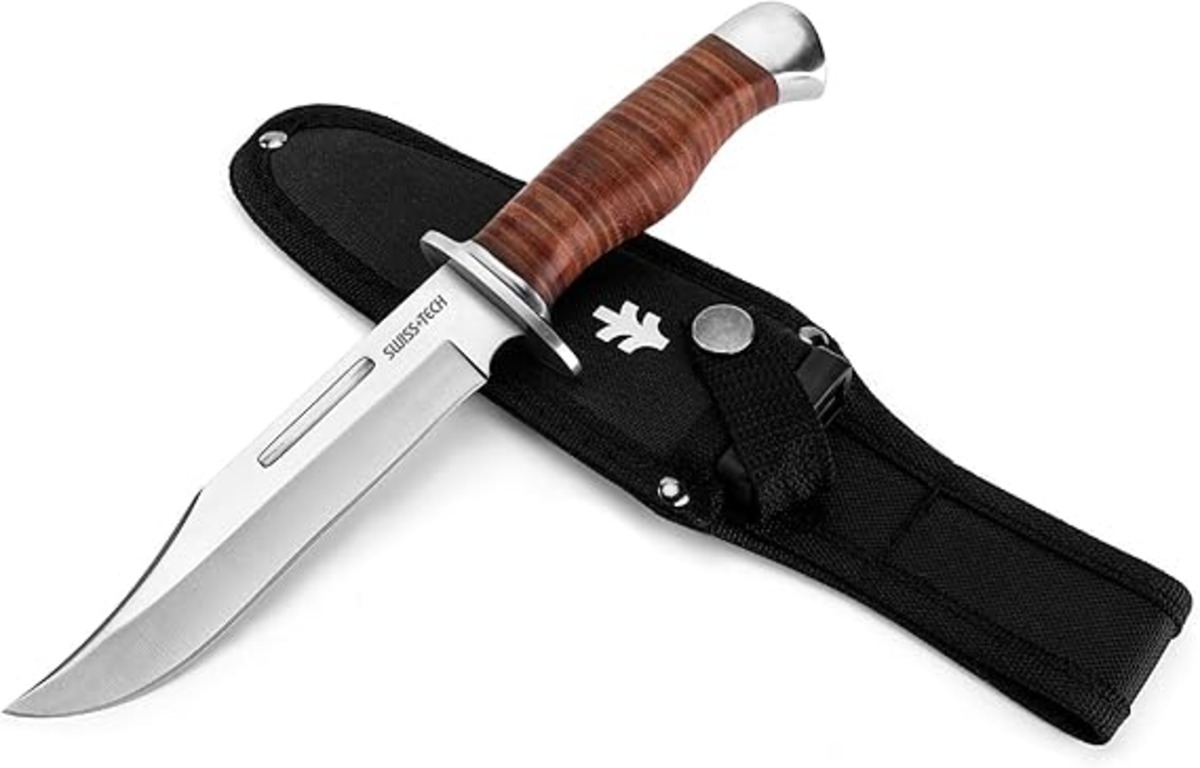 SWISS+TECH ナイフ シースナイフ アウトドアナイフ キャンプナイフ フルタング構造 天然ウッドハンドル 刃渡り約10cm ケース付き a | hero01