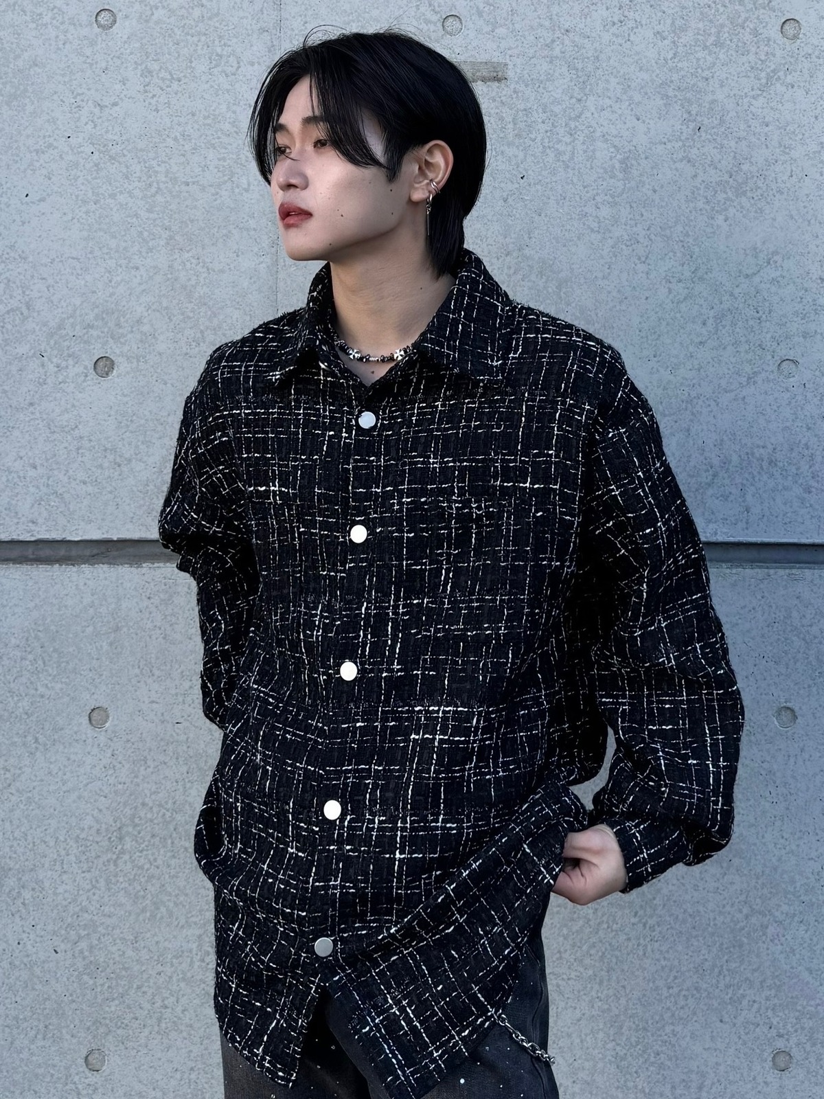 【ALUDE SELECT】long sleeve silver button tweed shirt(2color) | 【ALUDE】韓国 ...