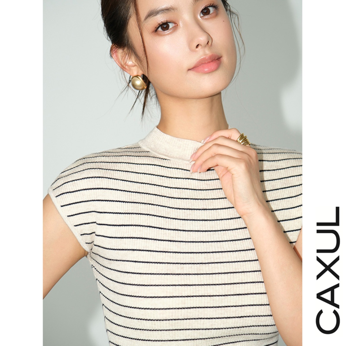 ボーダー ハーフハイネックニットトップス/2color | Caxul