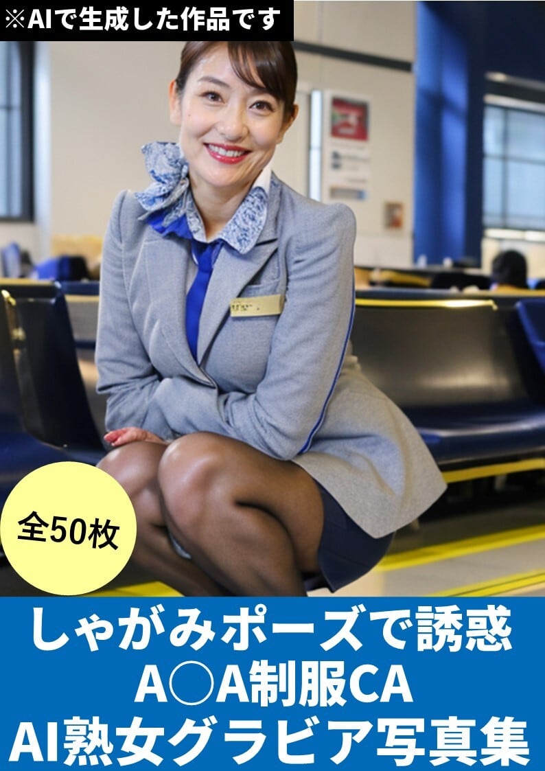 しゃがみポーズで誘惑【A A制服CA】AI熟女グラビア写真集(50枚)「呪文(プロンプト)付き」 | AI熟女ハンター