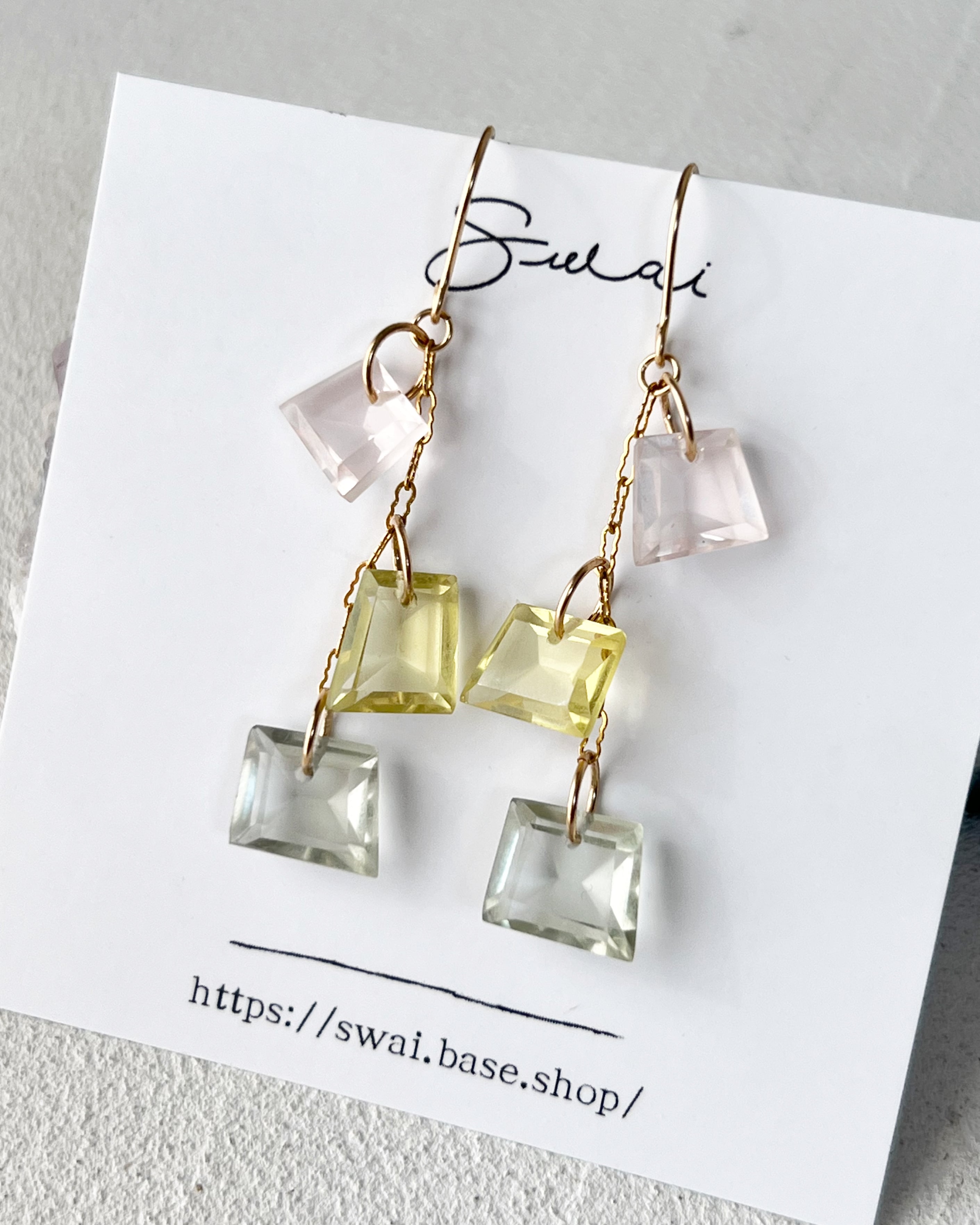 ローズクォーツ×レモンクォーツ×グリーンアメジストピアス14kgf | SWAI