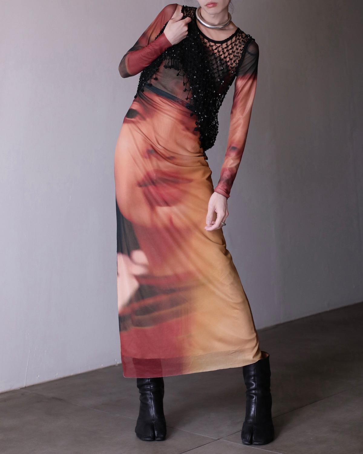 "kao" sheer power net gradation art design maxi length dress one piece ...