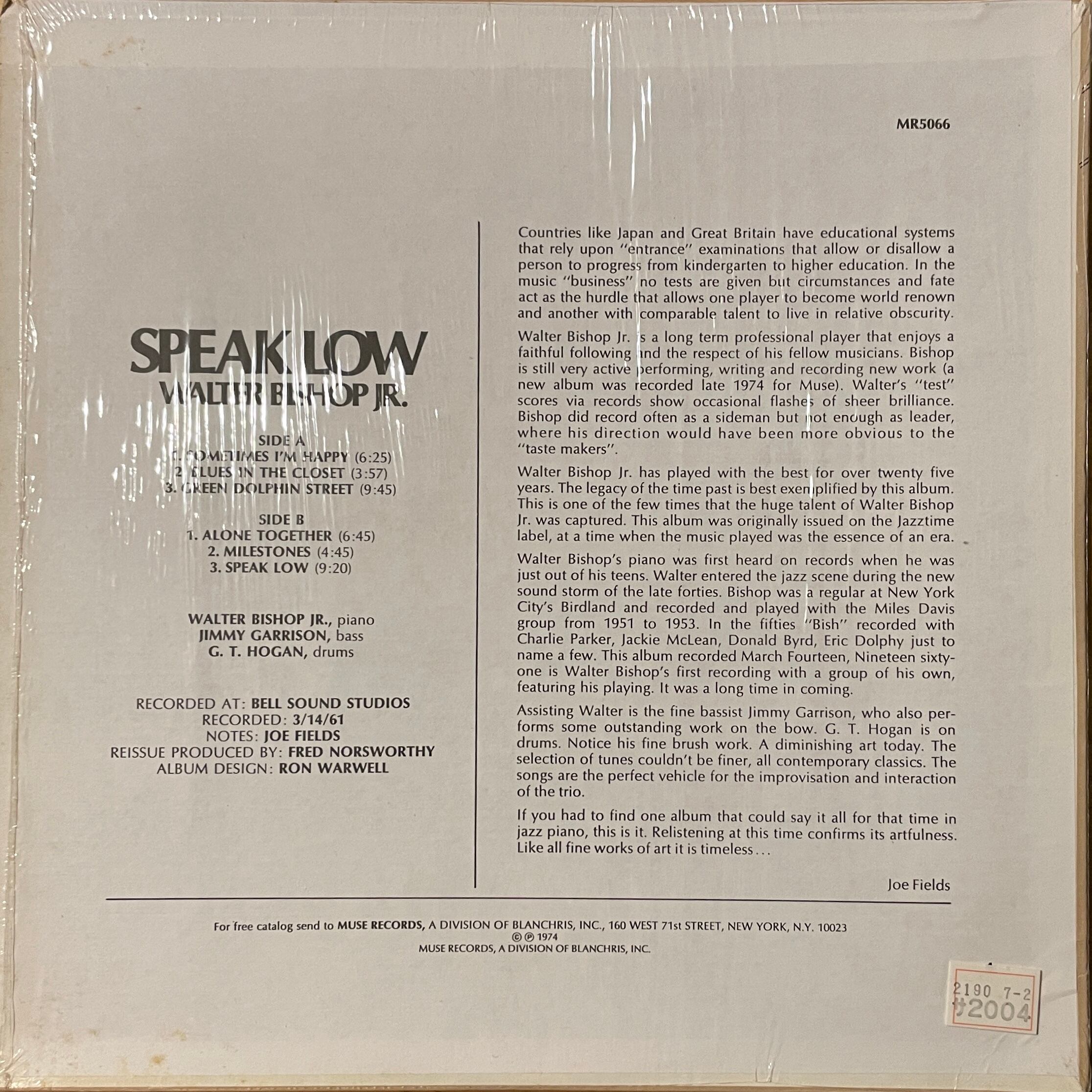 レコード販売のオンラインショップ｜LP / Walter Bishop Jr. / Speak Low / MR 5066 / US盤 / 61年作 | Trackside