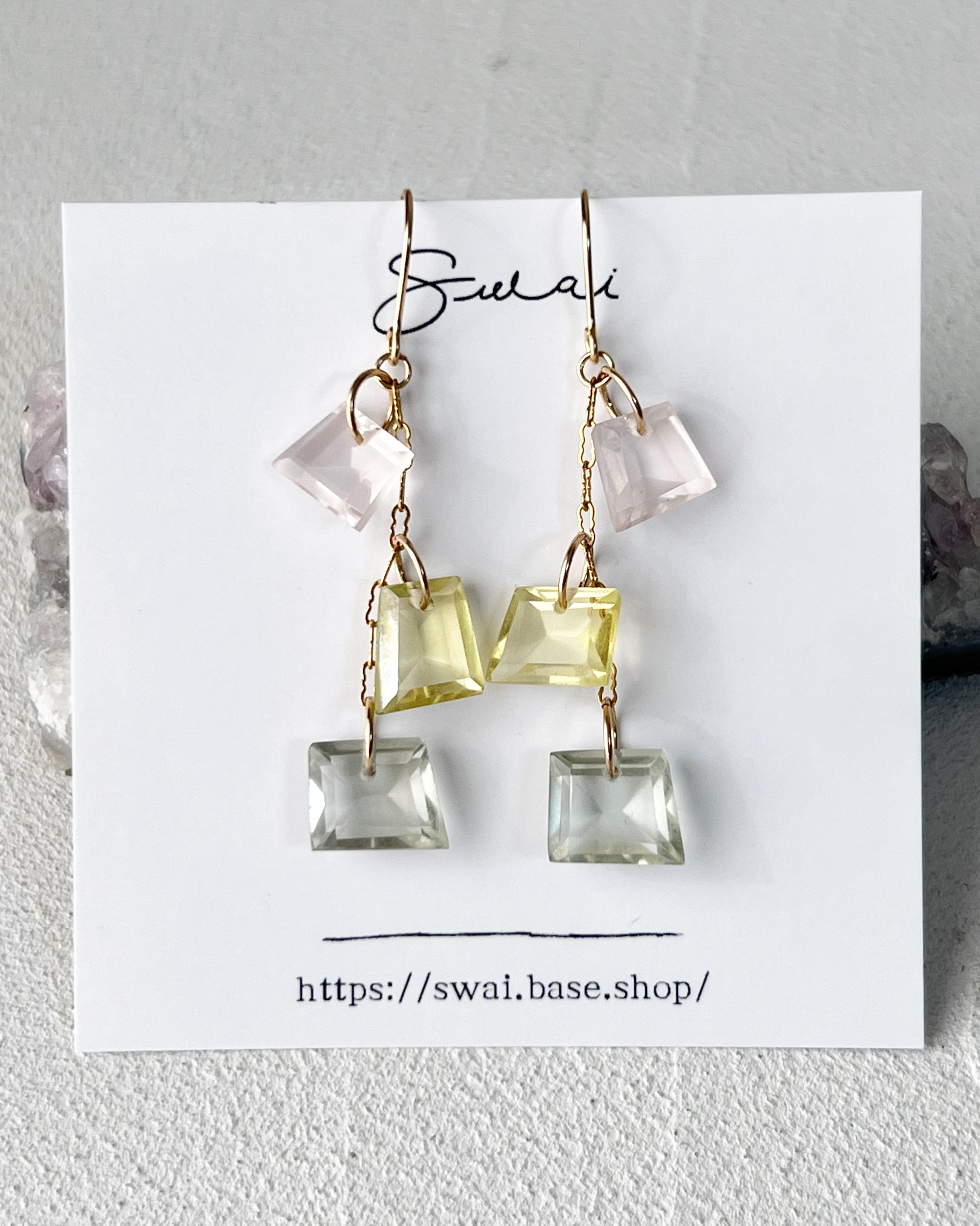 ローズクォーツ×レモンクォーツ×グリーンアメジストピアス14kgf | SWAI