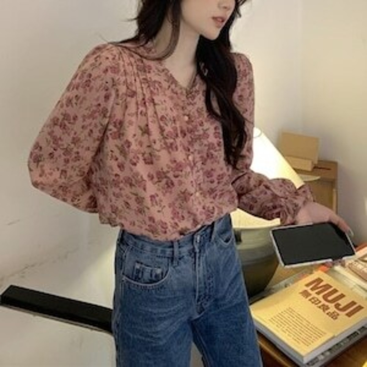 花柄ブラウス Vネックブラウス シフォンブラウス ガーリー カジュアル E214 | yoheipiano1