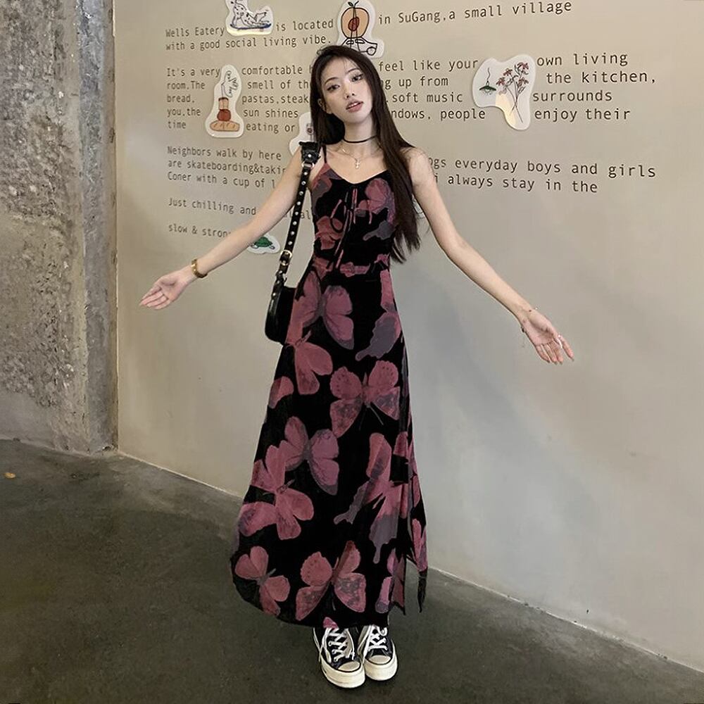 部分ベルベットキャミソールロングワンピース ワンピース キャミワンピ 夏ワンピ ロング ミモレ 蝶々柄 蝶柄 バタフライプリント ベロア ...