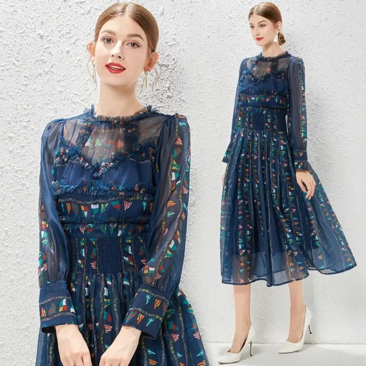 送料無料 D1475 フラッグ柄 フリル ウエストシャーリングゴム ロングカフス フレア ワンピース《 ネイビー 》長袖 フラッグ カラフル ...