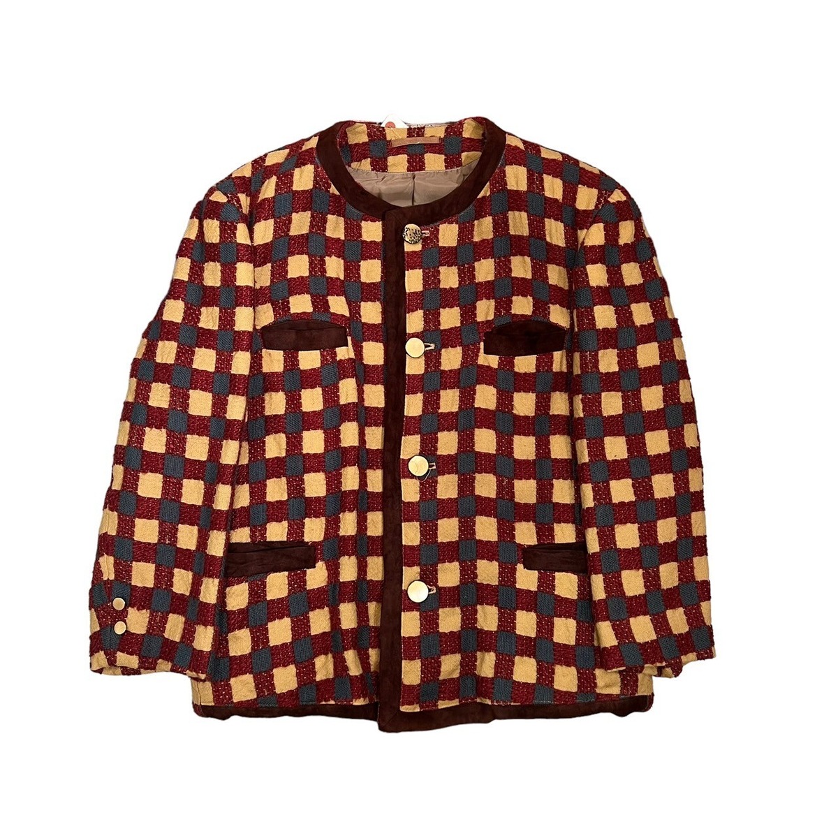 "PASHU" Check pattern tweed no collar jacket | Kissmet