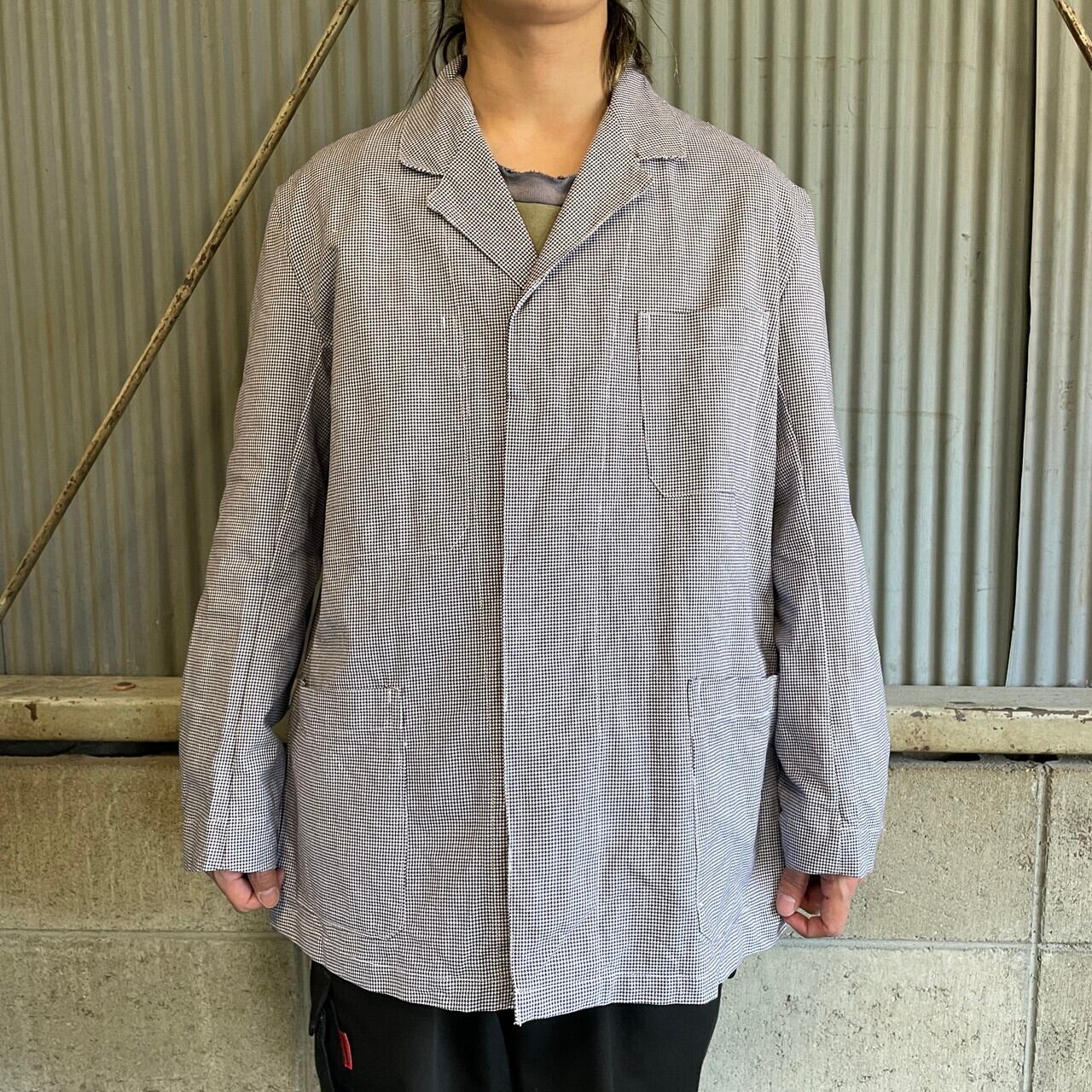 ヴィンテージ DUTHILL&MINART 千鳥格子 ハウンドトゥース柄 シェフジャケット フレンチワークジャケット メンズL相当 ヨーロッパ ...