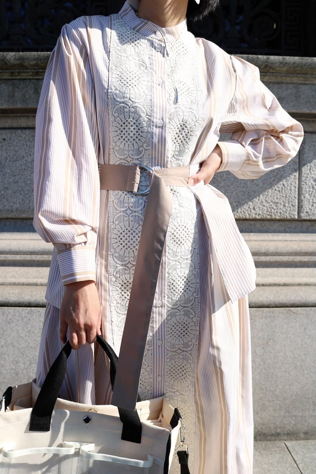MARIA24SS 【Beige】Mulch stripe belt set dress | MARIA MARIA24SS 【Beige】Mulch stripe belt set dress | MARIA