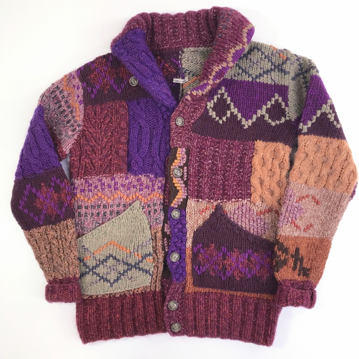 UNKNOWN 手編み ハンドニット パッチワーク ショールカラ? クレイジーパターン ヘビー ニット カーディガン XXL 位 長袖 | 古着屋 EAGLEBASE