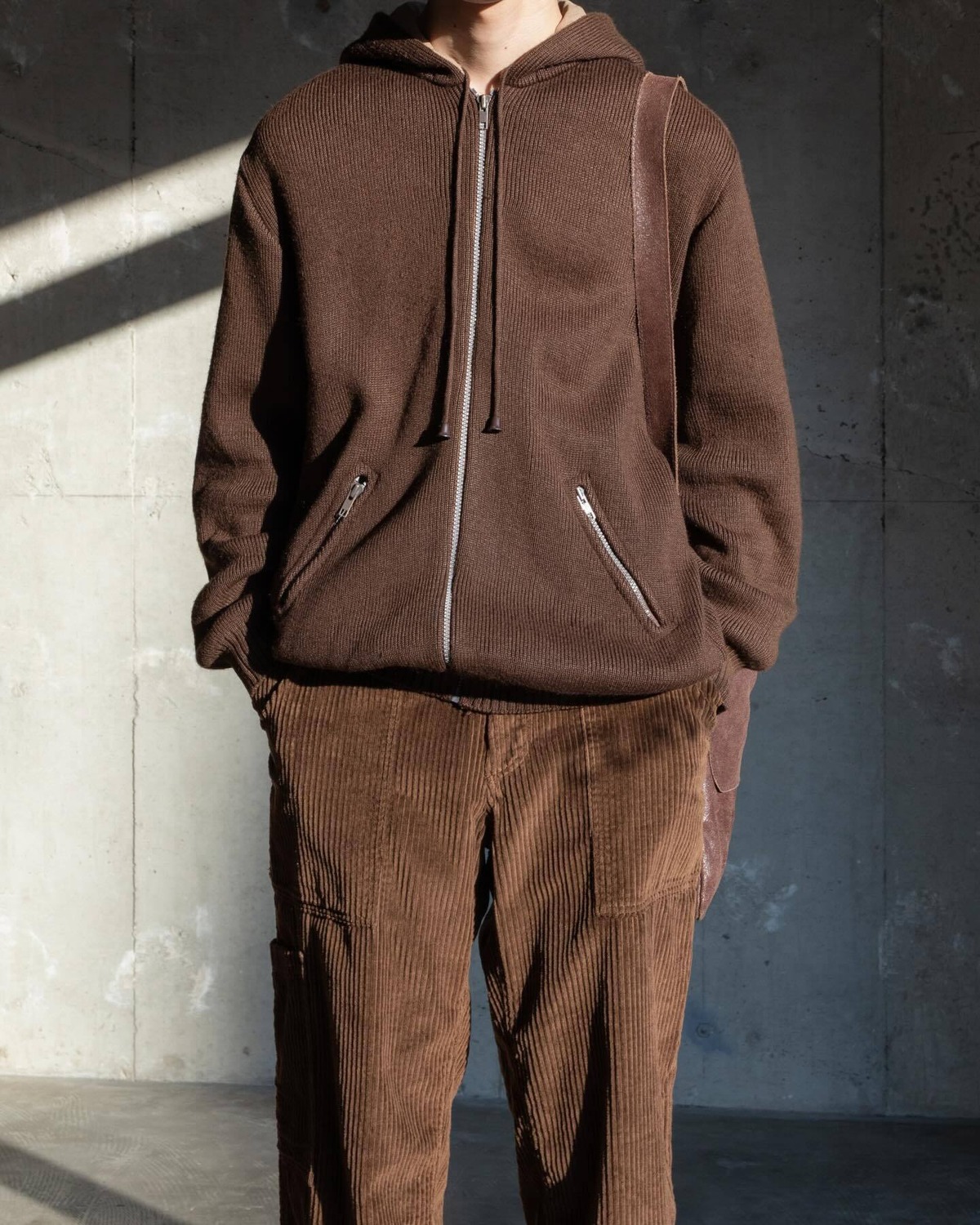 “St. Michael” rib-knit wool blend zip-up hoodie / diagonal zip pockets ...