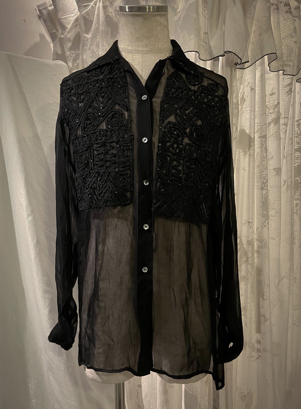 Black Embroidered Sheer Shirt | Queens