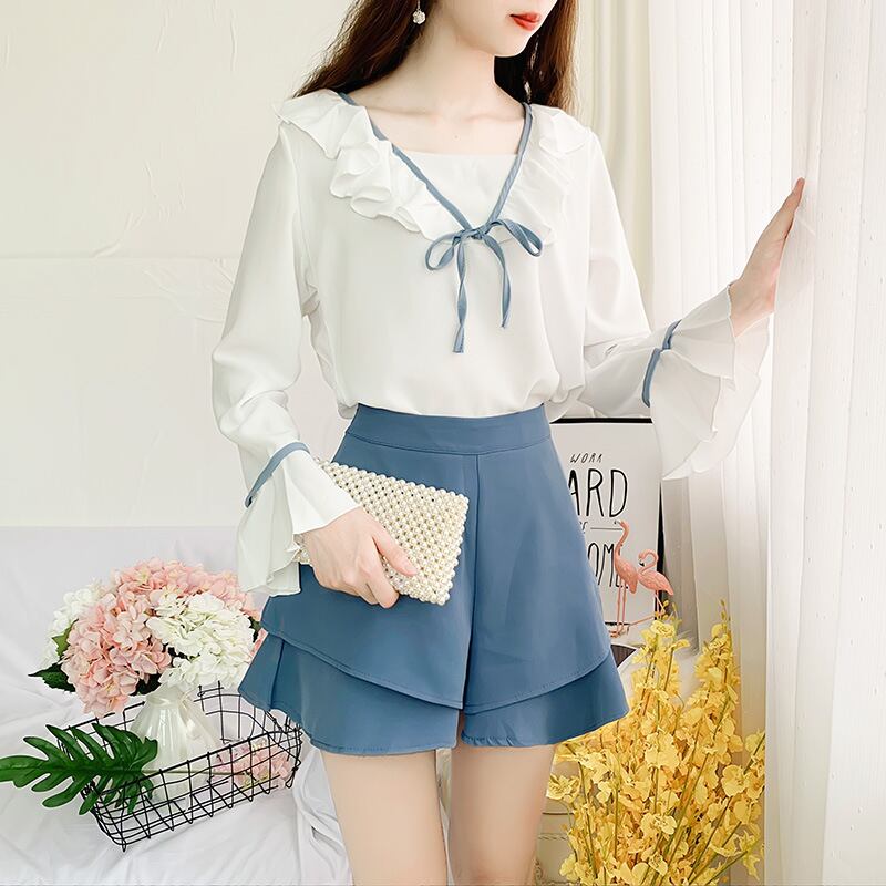 フリル リボン ブラウス シャツ キュロット ズボン ショートパンツ
