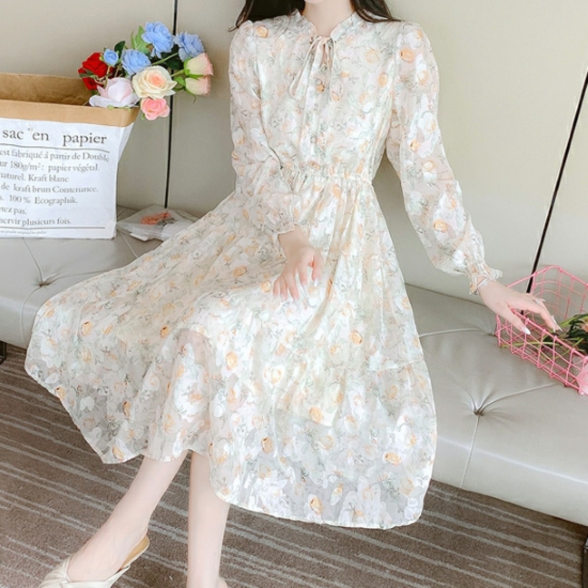 花柄ワンピース レディース ワンピース シフォンワンピース 長袖 リボン フリル ハイウエスト ミドル丈ワンピース カジュアル きれいめ ...