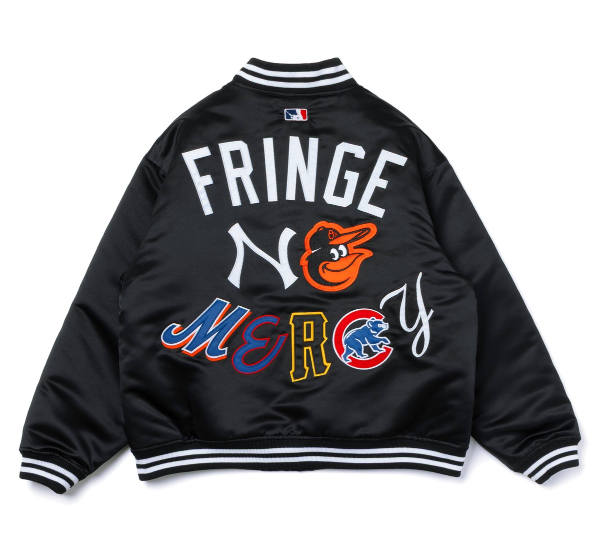 NO MERCY / Padded Satin Varsity Jacket | FRINGE VIDEO SHOP