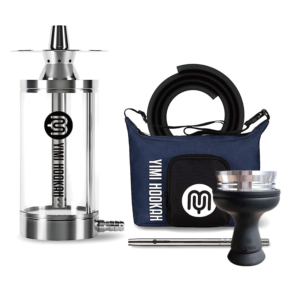 YIMI HOOKAH イミフーカ シーシャ 本体 セット パイプ ポータブル シリコンボウル ヒートマネジメント付属 携帯ショルダーバッグ付き シルバー 初めての1台に ステンレススチール ...