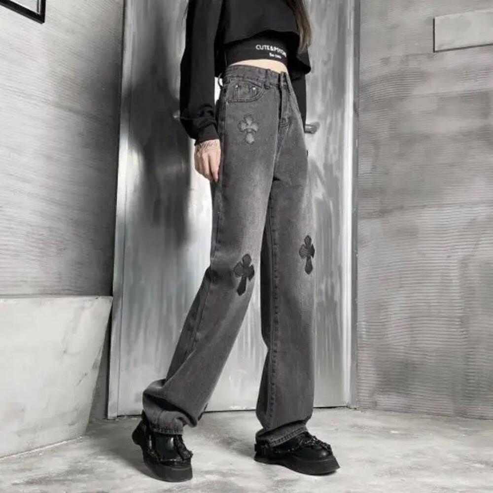女性の韓国のクロスデニムジーンズ,ハイウエスト,ストリートウェア,ワイドレッグ,ヒップホップジーンズ,カウボーイスタイル,バギー ジーンズ ...
