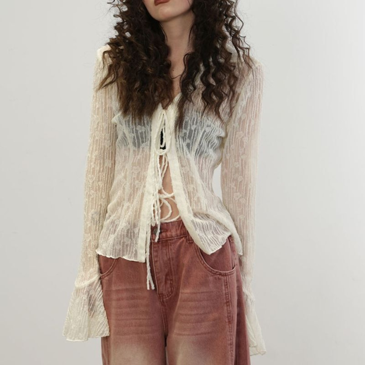 Sheer bell sleeve vneck top 2 colors V2385 | ViCHIC.