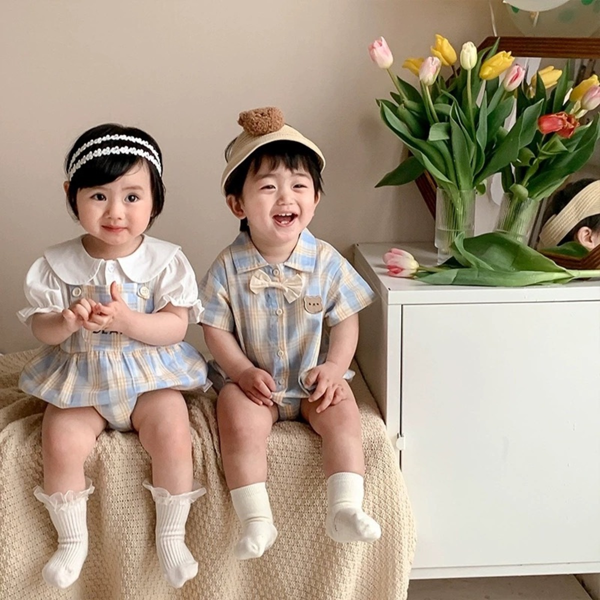 お揃いで ︎bear check rompers | chouchoubear