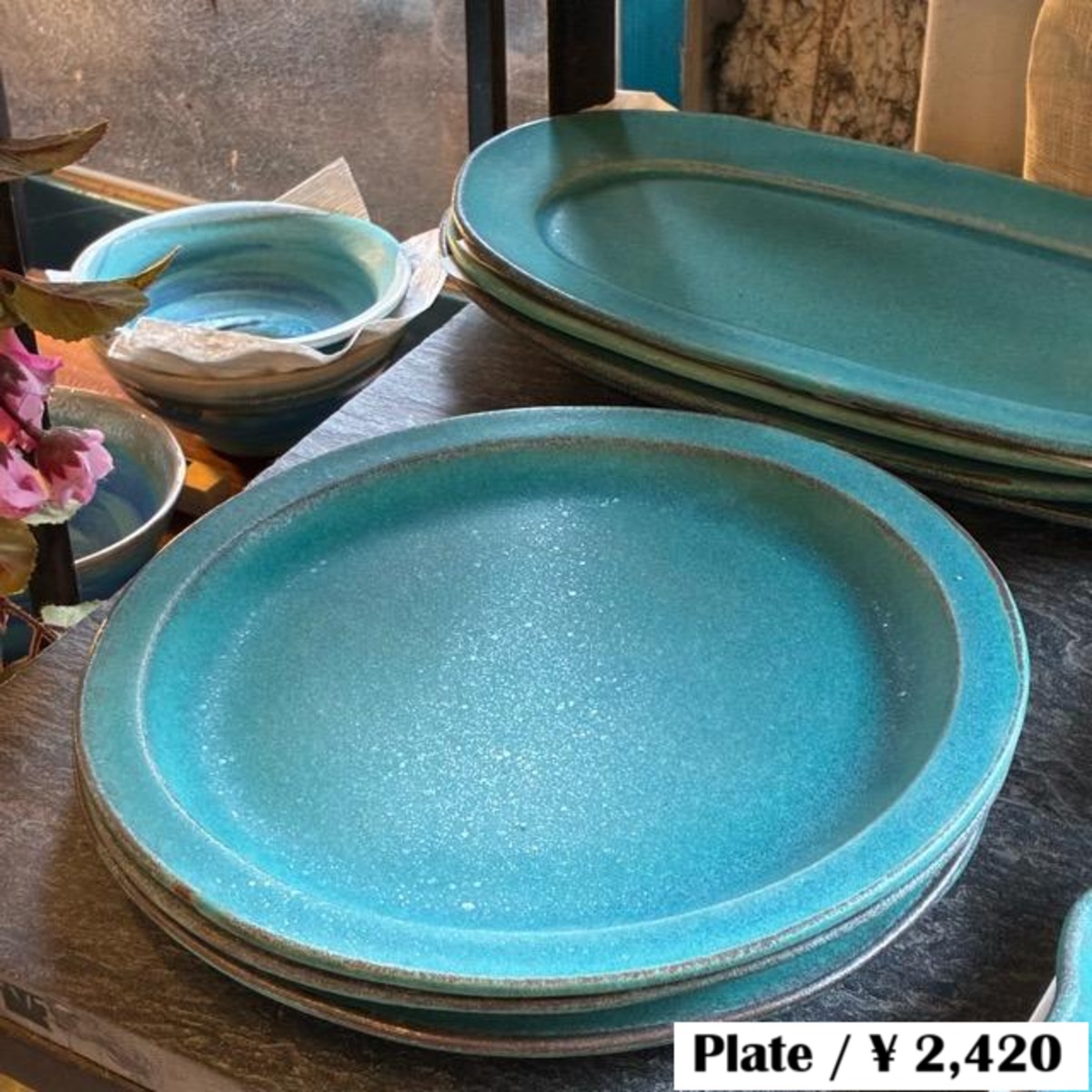 MASHIKO plate L Shabby turquoise Mashiko ware plate L Shabby turquoise ...
