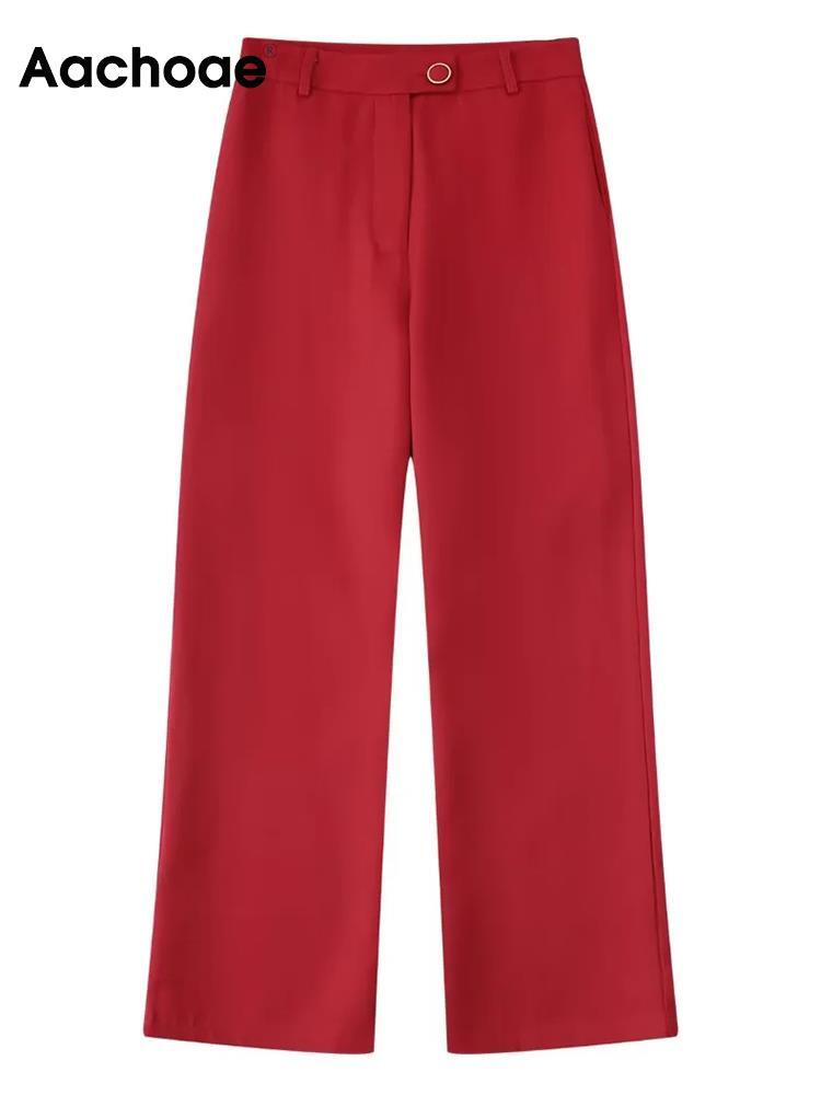 Aachoae ソリッドカラーワイドレッグパンツウエストジップアップ長ズボンレッドパンツパンタロン ロング ワイドパンツ | Pay ID