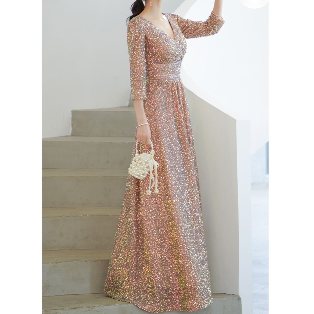 オーロラスパンコールカシュクールドレス D0180 | La Charme