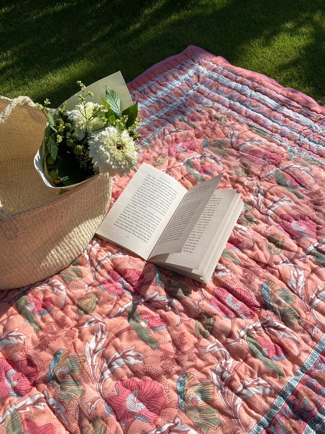 【Baby size, Picnic quilt】Block print Reversible quilt / Peach Pink | FLORA