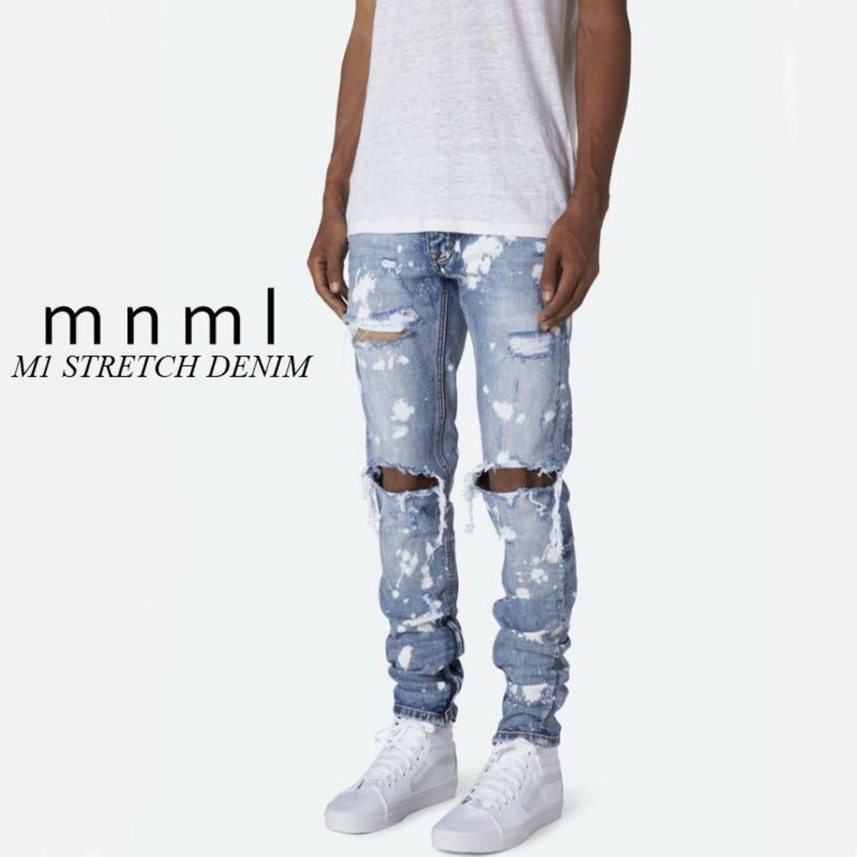 ミニマル 裾ZIP(ジップ) ダメージクラッシュジーンズ mnml M1 STRETCH DENIM SPLASH M2017-D215-BLU/クラッシュデニムパンツ/スプラッシュ ...
