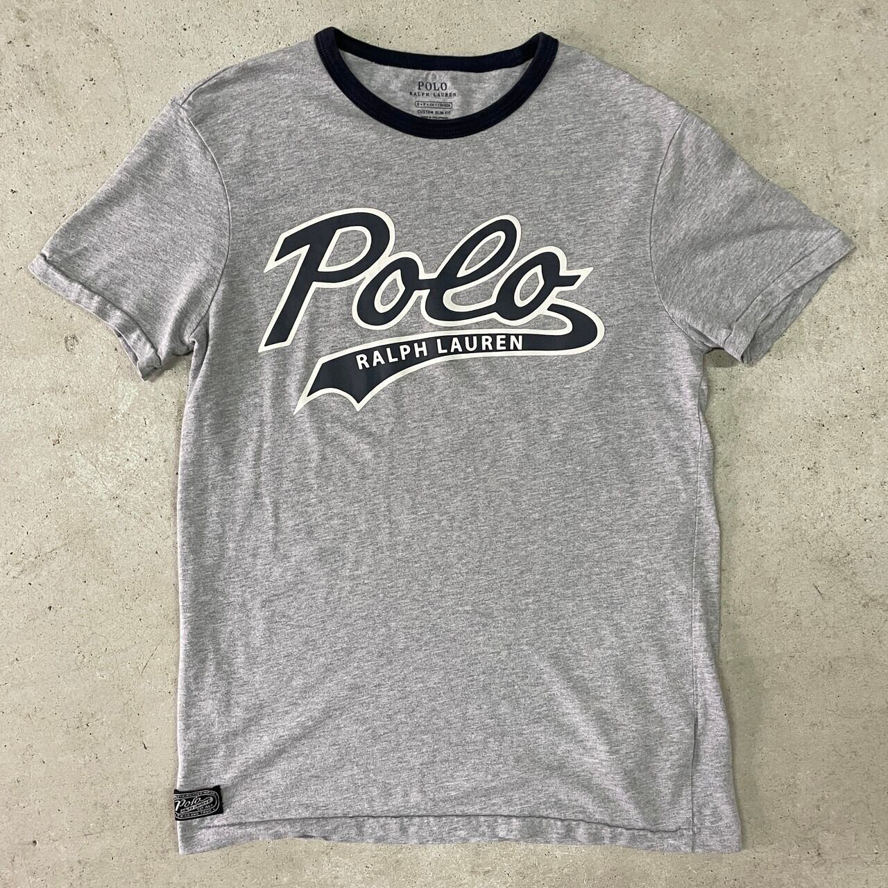 Polo Ralph Lauren ポロラルフローレン 筆記体ロゴ ラバープリント リンガーTシャツ メンズS 古着 霜降り グレー ネイビー 紺色【Tシャツ】【4S-50】【PD2430 ...