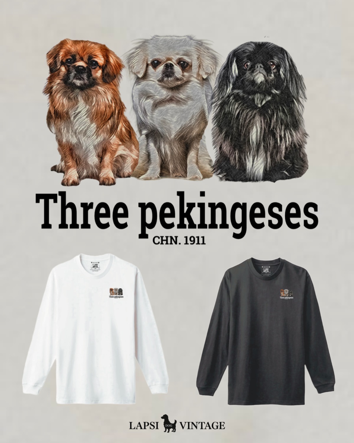 LAPSI Three dog series pekingese long sleeve tee | LAPSI DOG VINTAGE（ラプ ...