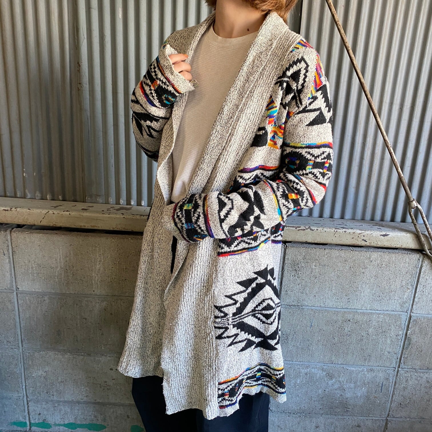 NORTHERN ANGELネイティブ柄 ショールカラー ロングカーディガン レディースL 古着 グレー【ニットセーター】【CP50 ...