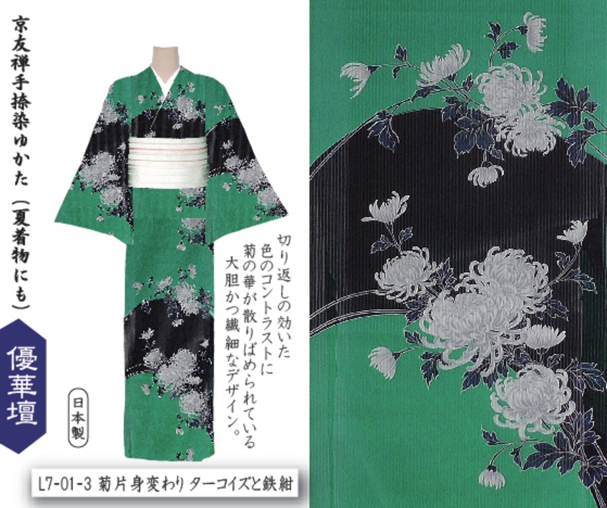 井登美 itomi 優華壇ゆかた 浴衣・夏着物L7-01-3 菊片身変わり ターコイズと鉄紺 | ジャパンリソースバンク