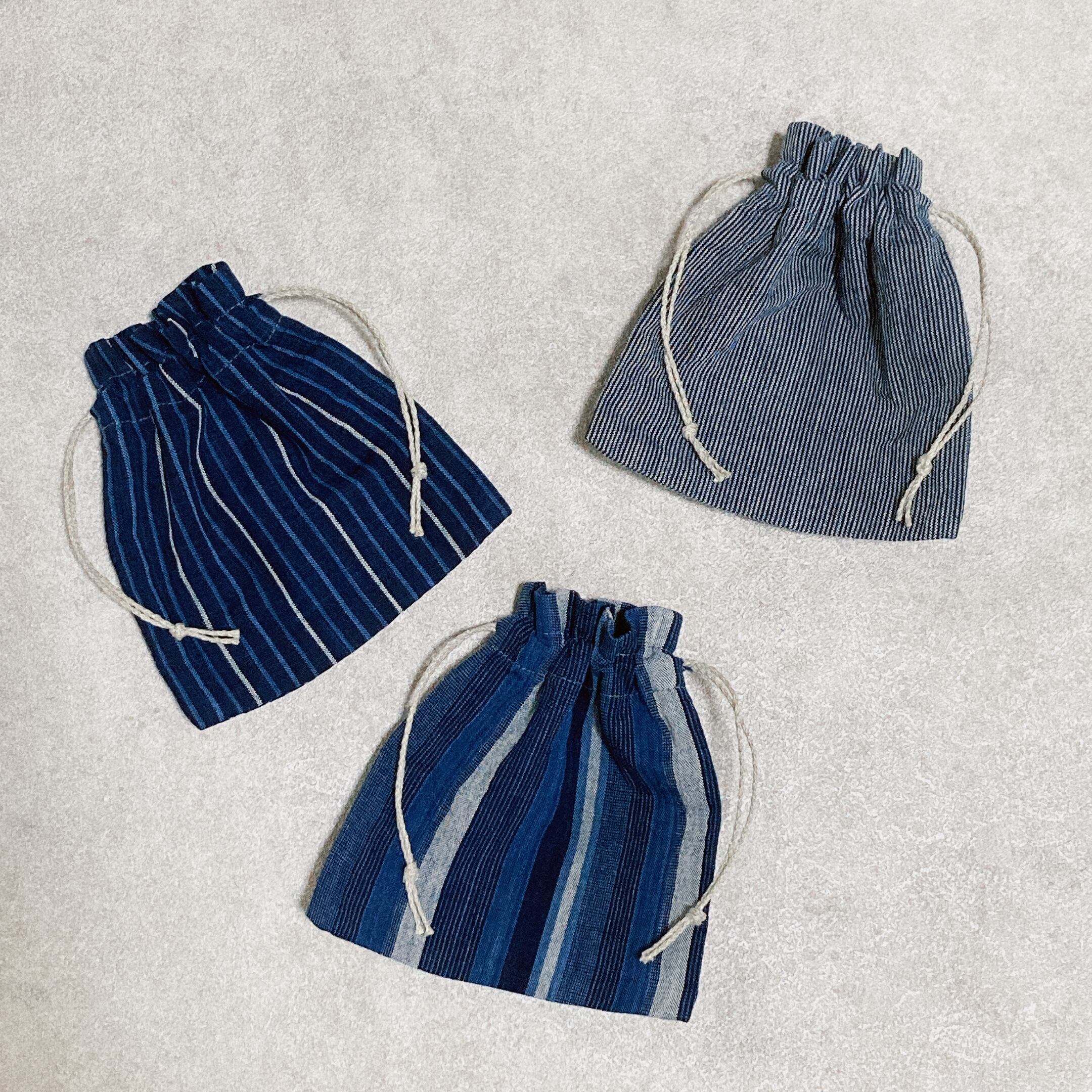 巾着ポーチ みいと織 [松阪もめん] 綿100% 天然藍染 color : ストライプ3種類【サンプル価格】 | itoa.n. ｲﾄｱｴﾇ