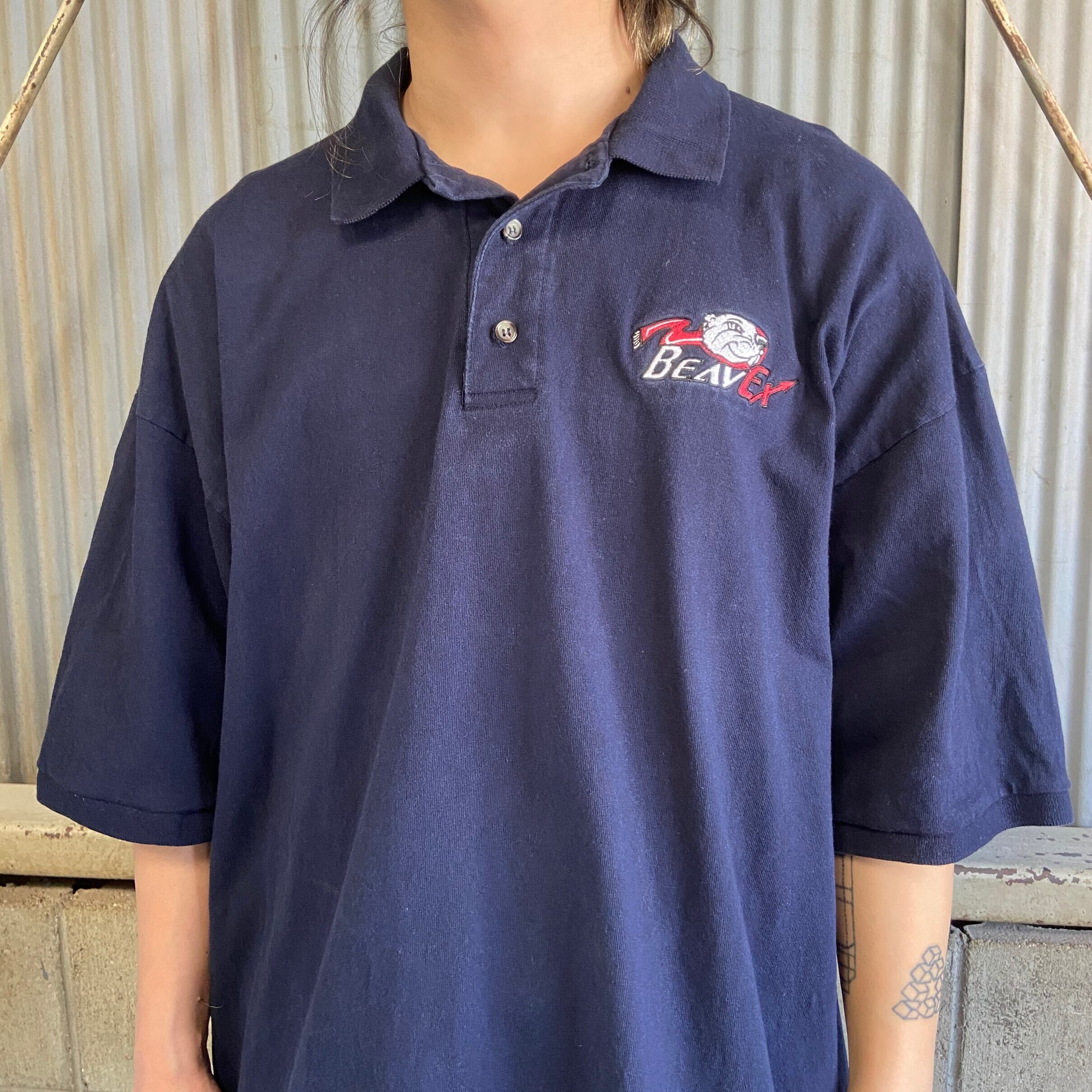 ビッグサイズ BEAVEX 企業ロゴ ワンポイントロゴ刺繍 ポロシャツ メンズ2XL 古着 ネイビー 紺 大きいサイズ 【ポロシャツ ...