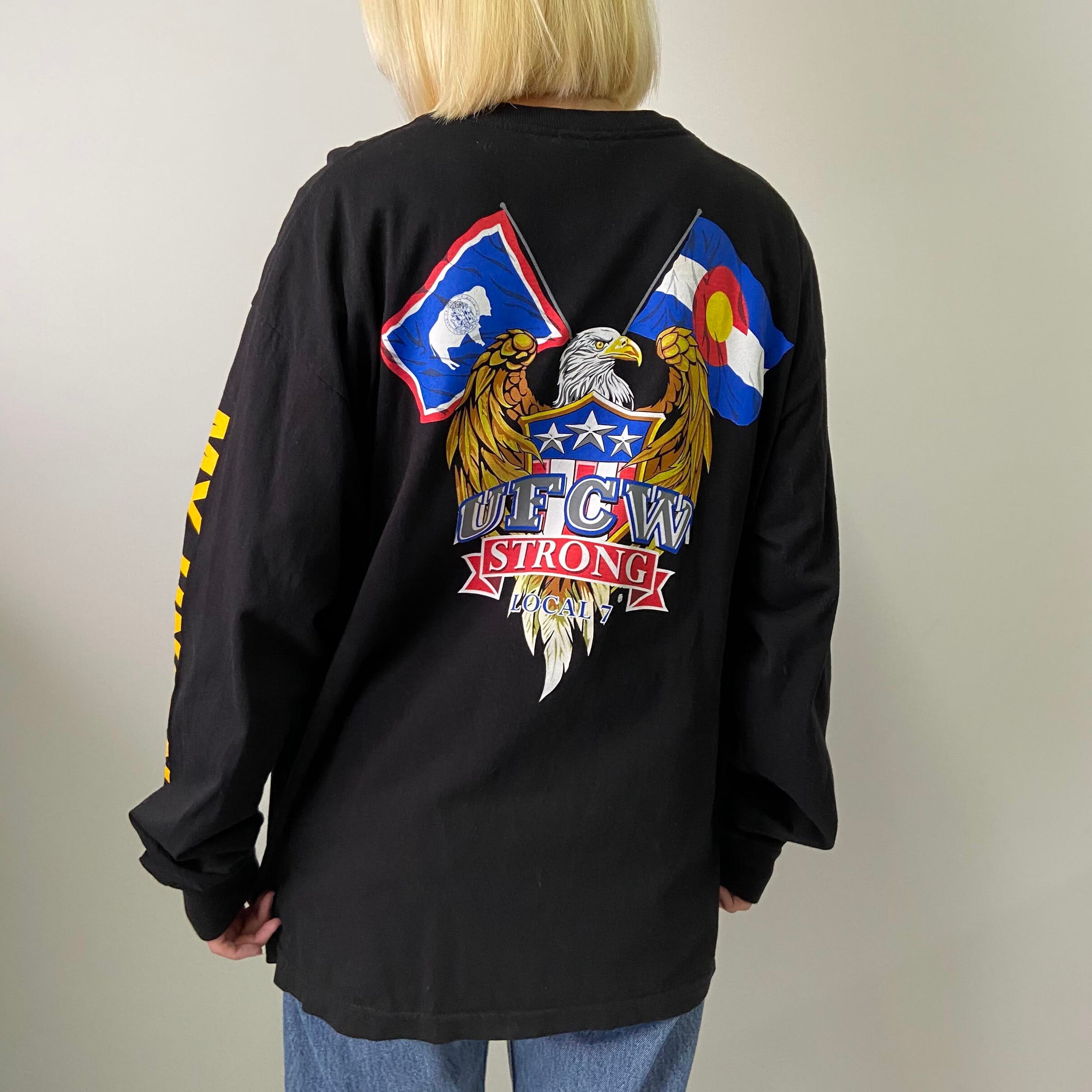 USA製 UFCW 胸ロゴ バックプリント 袖プリ ロングTシャツ メンズL 古着 ブラック 黒 ロンT 長袖Tシャツ 【ロングTシャツ ...