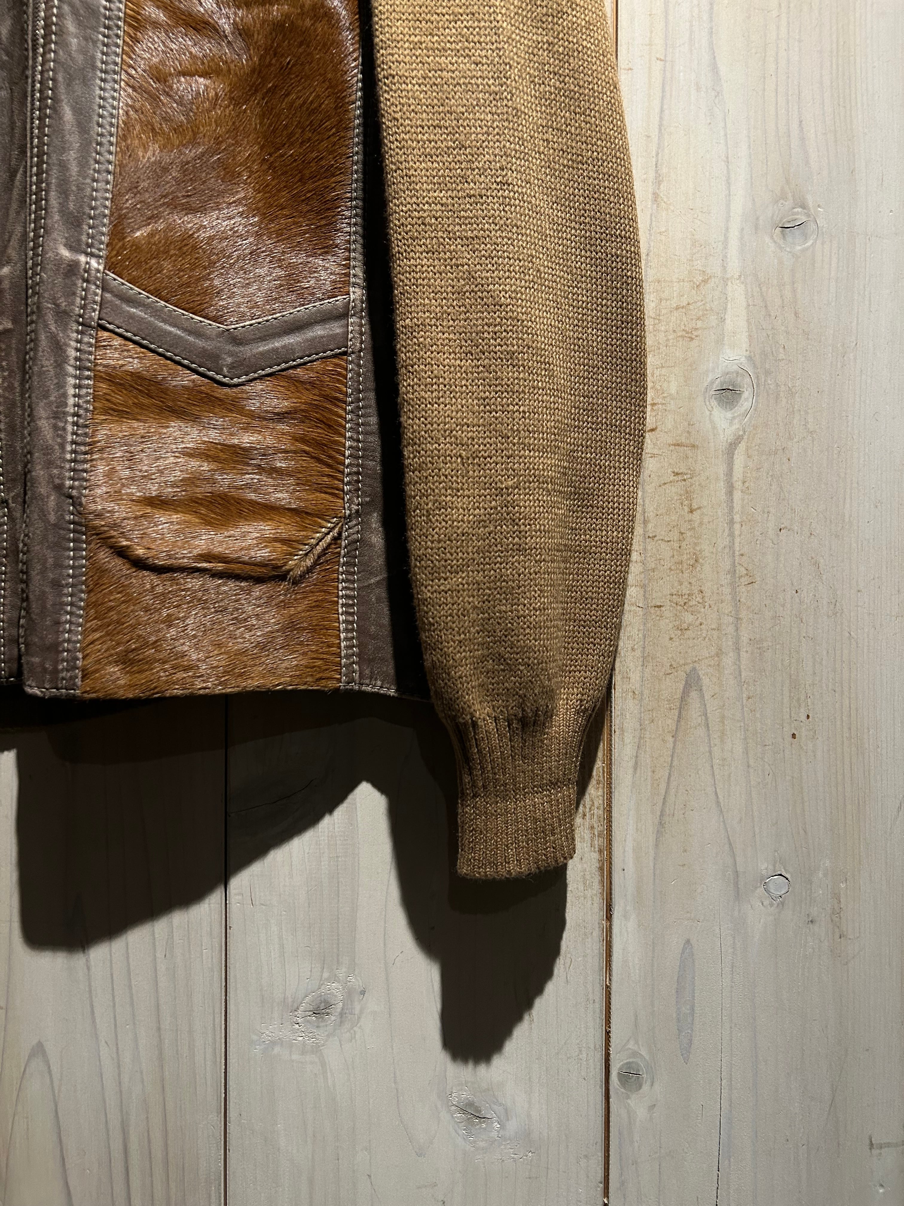 【中古】ヴィンテージ VINTAGE 70s ハラコレザー × ニット ジップアップ ジャケット ブラウン UNBORN CALF a.k.a.C.a.k.a vintage】70's Unborn Calf × Leather Switching