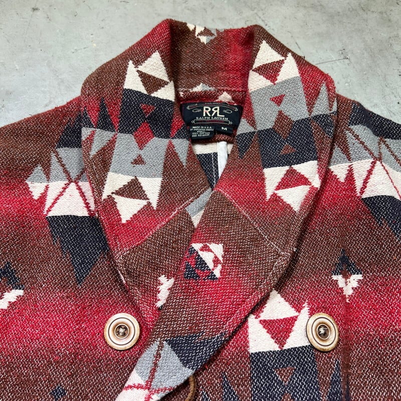 90's RRL RALPH LAUREN ダブルアールエル ラルフローレン ネイティブ柄 ショールカラージャケット Pコート ラグジャケット コットン 3つ星タグ USA製 Mサイズ 希少 ...