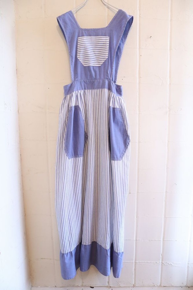 70s blue×white stripe apron long dress [l-550] | Fizzvintage
