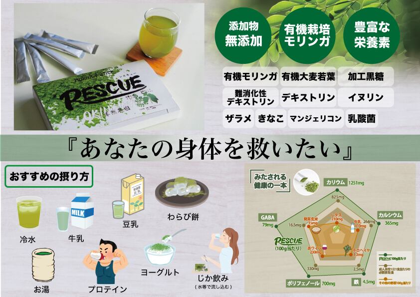 モリンガ青汁『RESCUE』(3.5g×30本：105g：1ヶ月分） | HonZen Nouen
