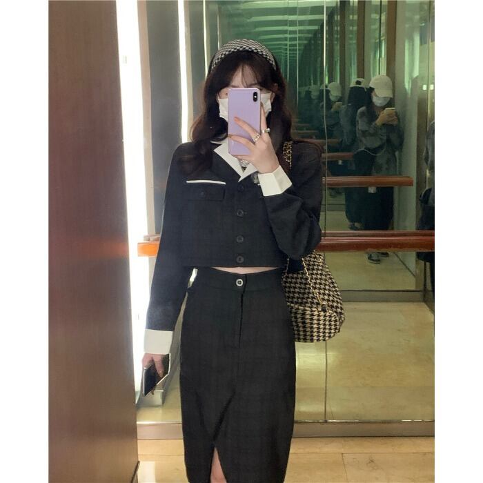 春と秋のスーツの女性 2023 対照的なカラーチェック柄ショート 春と秋のスーツの女性 2023 対照的なカラーチェック柄ショート