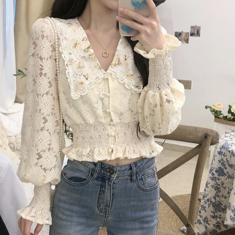 サイズが選択可) トップス シャツ ブラウス レース 長袖 襟付き