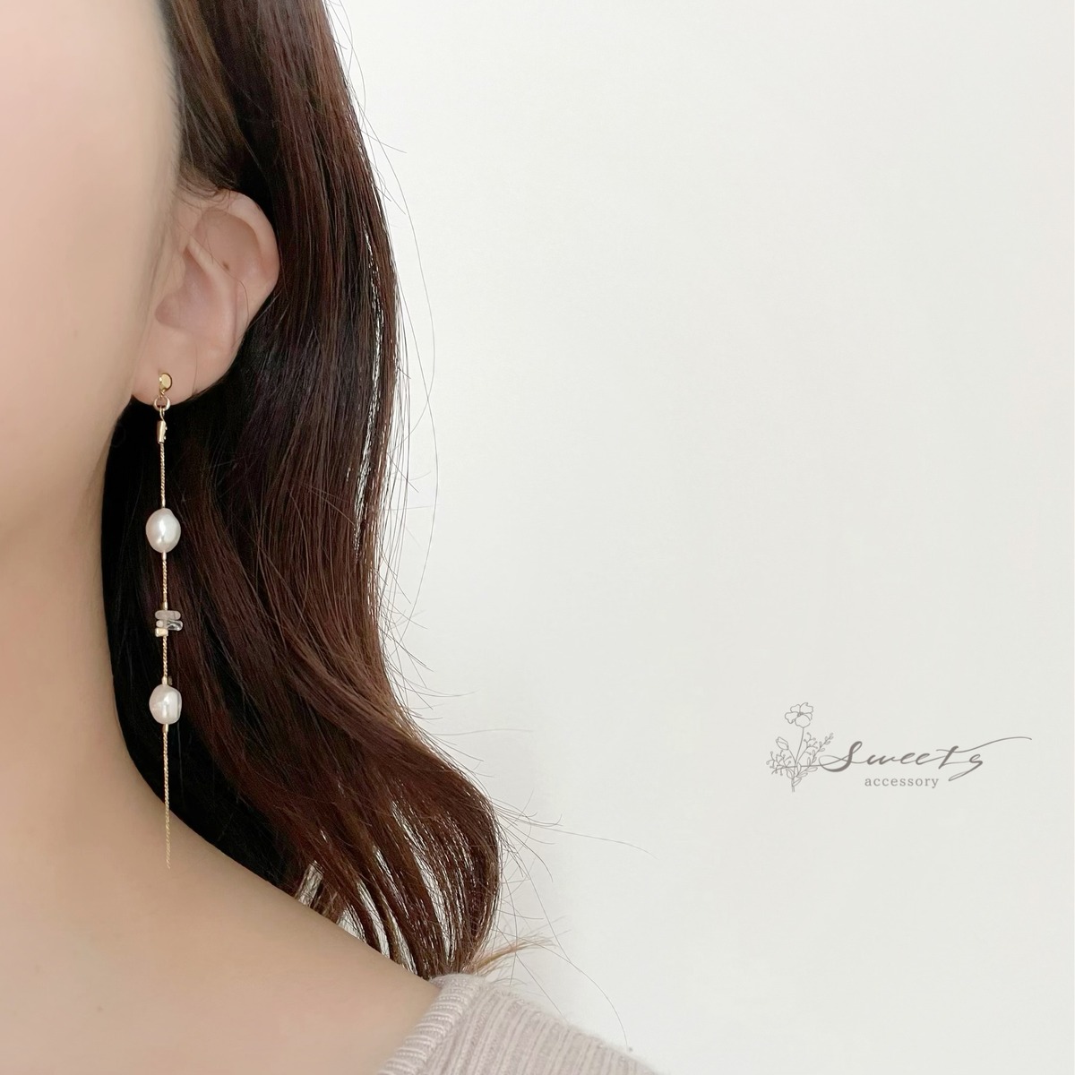 淡水パールと天然石の揺れるチェーンピアス・イヤリング | Sweets Accessory