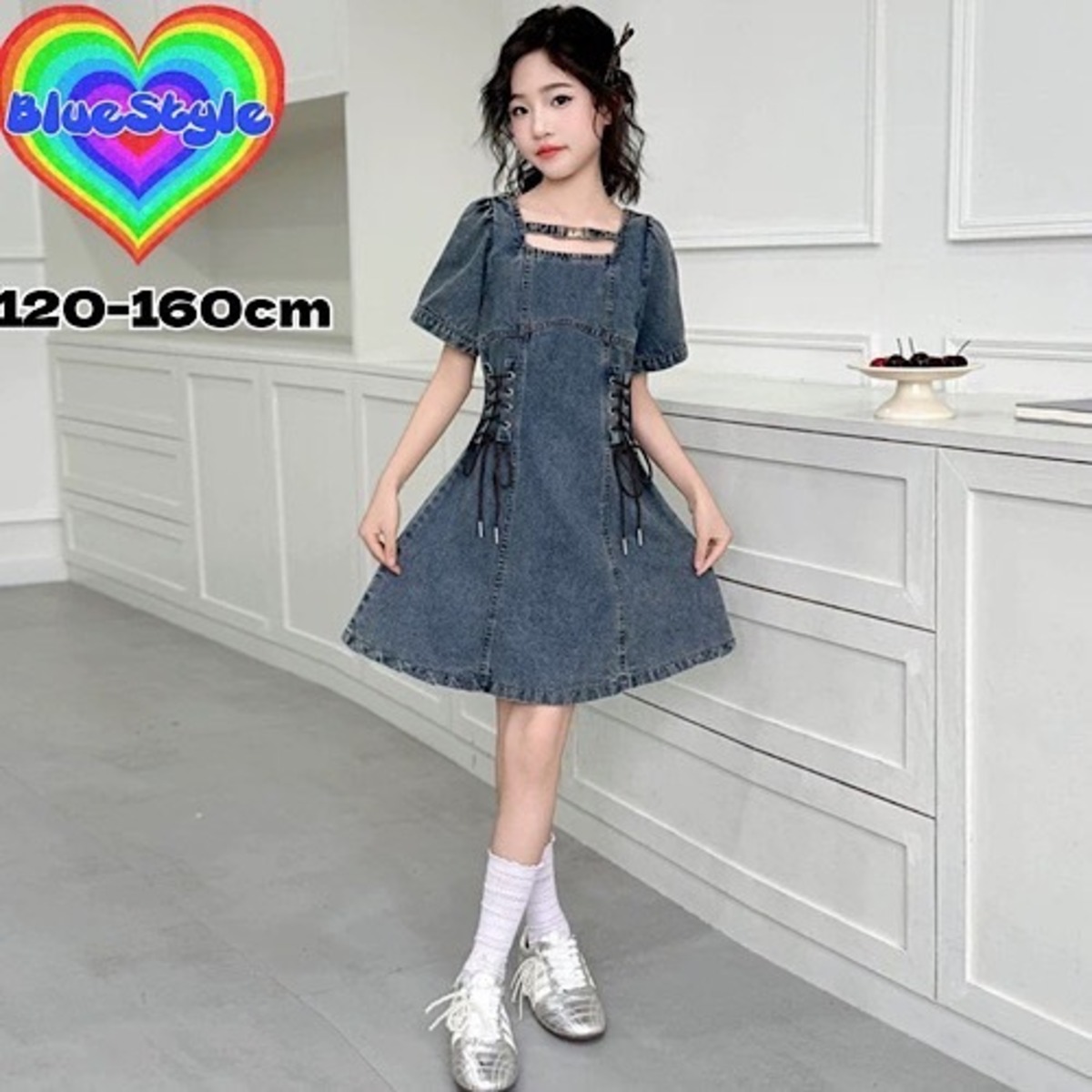 【2561】キッズワンピース 女の子ワンピース 半袖 春 夏 韓国服 ギャル キッズ服 デニム | 韓国ファッション BlueStyle | 韓国子供服・レディース・メンズファッション通販