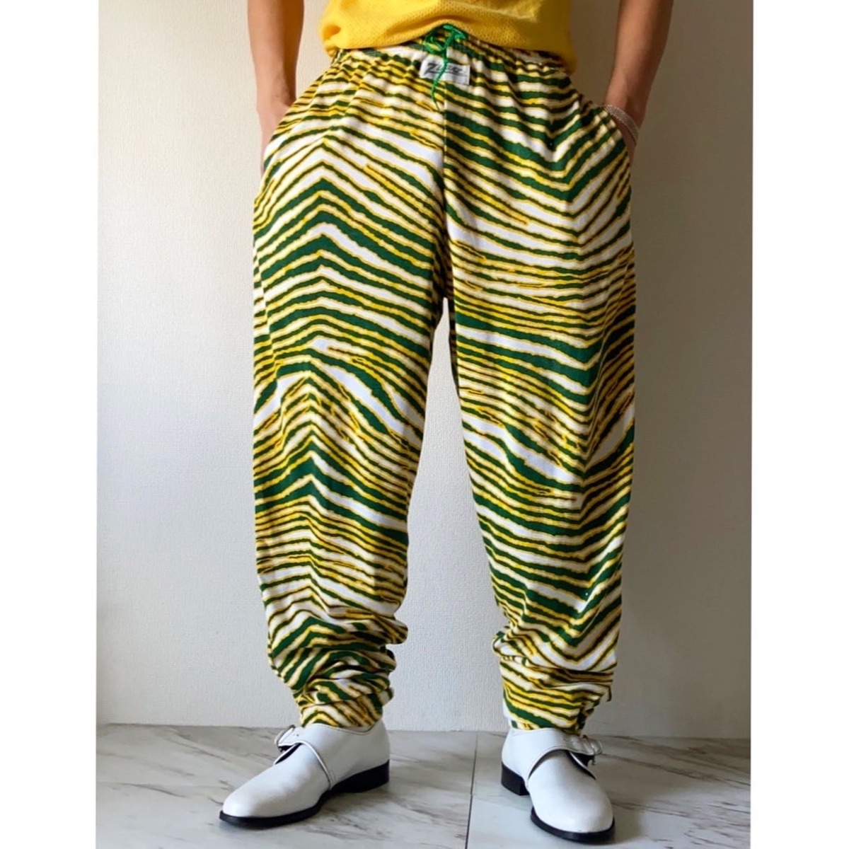 90s made in usa ZUBAZ white yellow green zebra stripe cotton wide ...