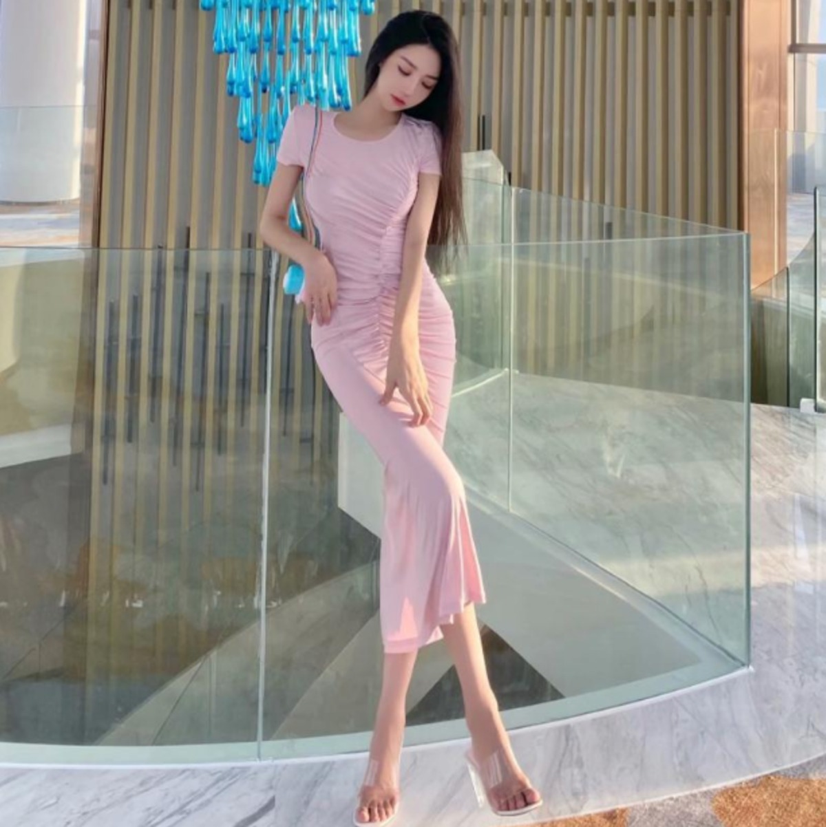 ワンピース 夏ワンピース サマーワンピース タイトワンピース シンプルワンピース 大人ワンピース 半袖ワンピース ロング丈 ラウンドネック ...